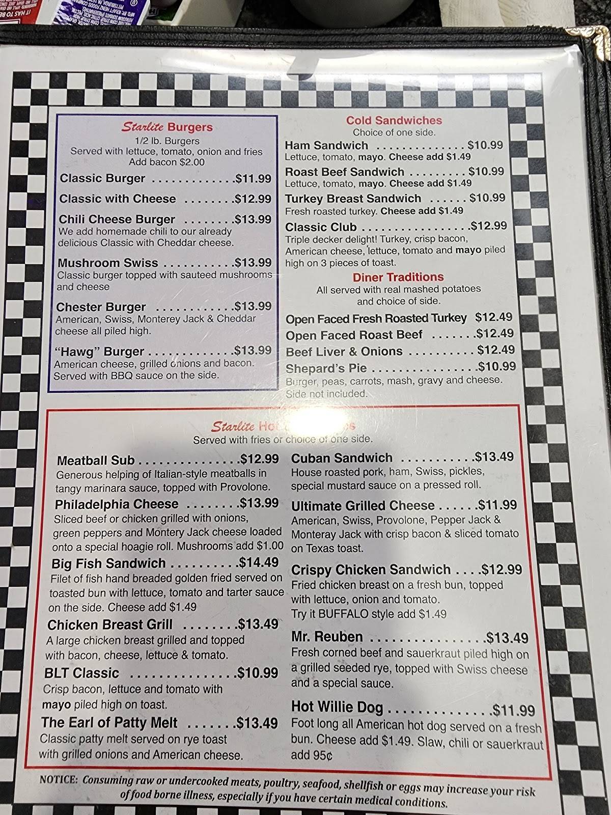 Menu at Starlite Diner restaurant, Daytona Beach