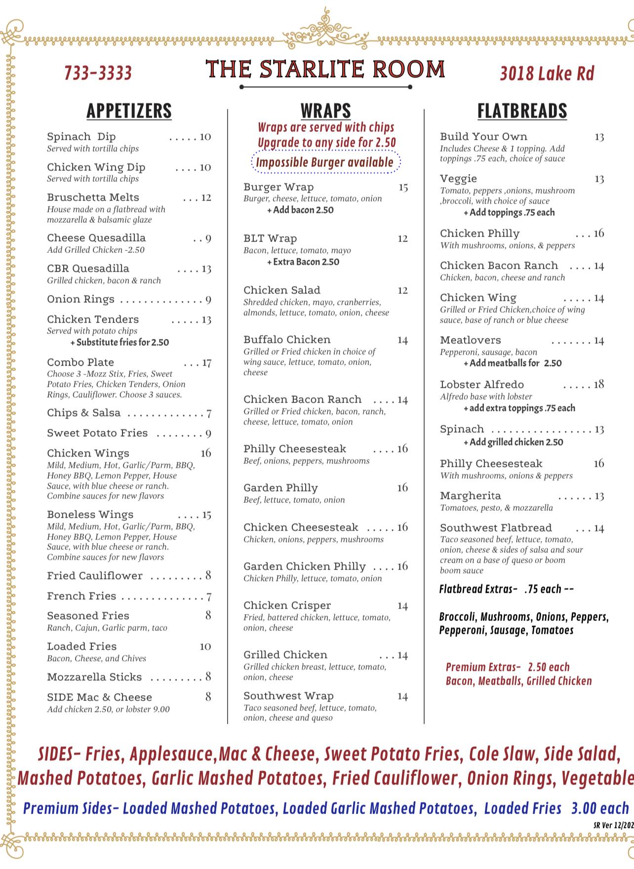 Menu at Starlite Room pub & bar, Elmira