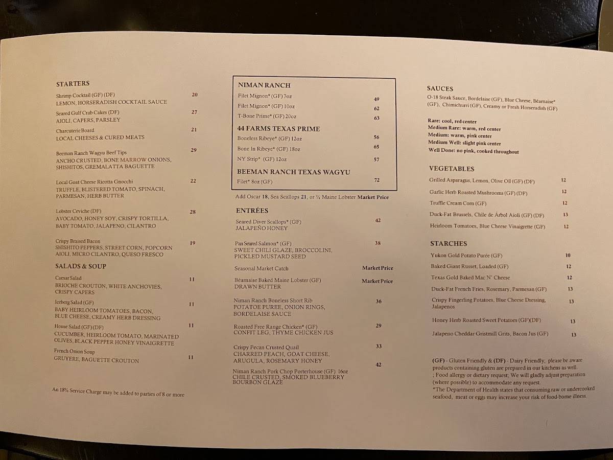 Menu at 18 Oaks steakhouse, San Antonio, Resort Pkwy