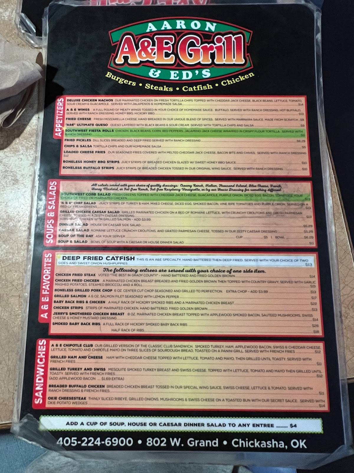 Menu at A & E Grill steakhouse, Chickasha