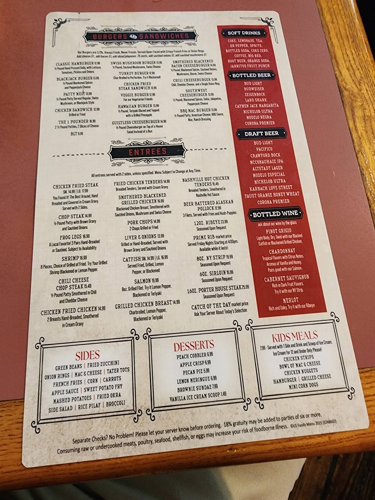 Menu at Blake's Cafe, McQueeney