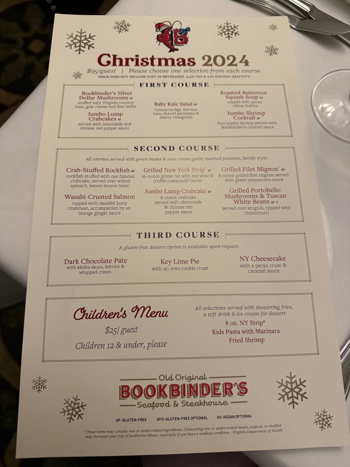Menu at Bookbinder's Seafood & Steakhouse, Richmond