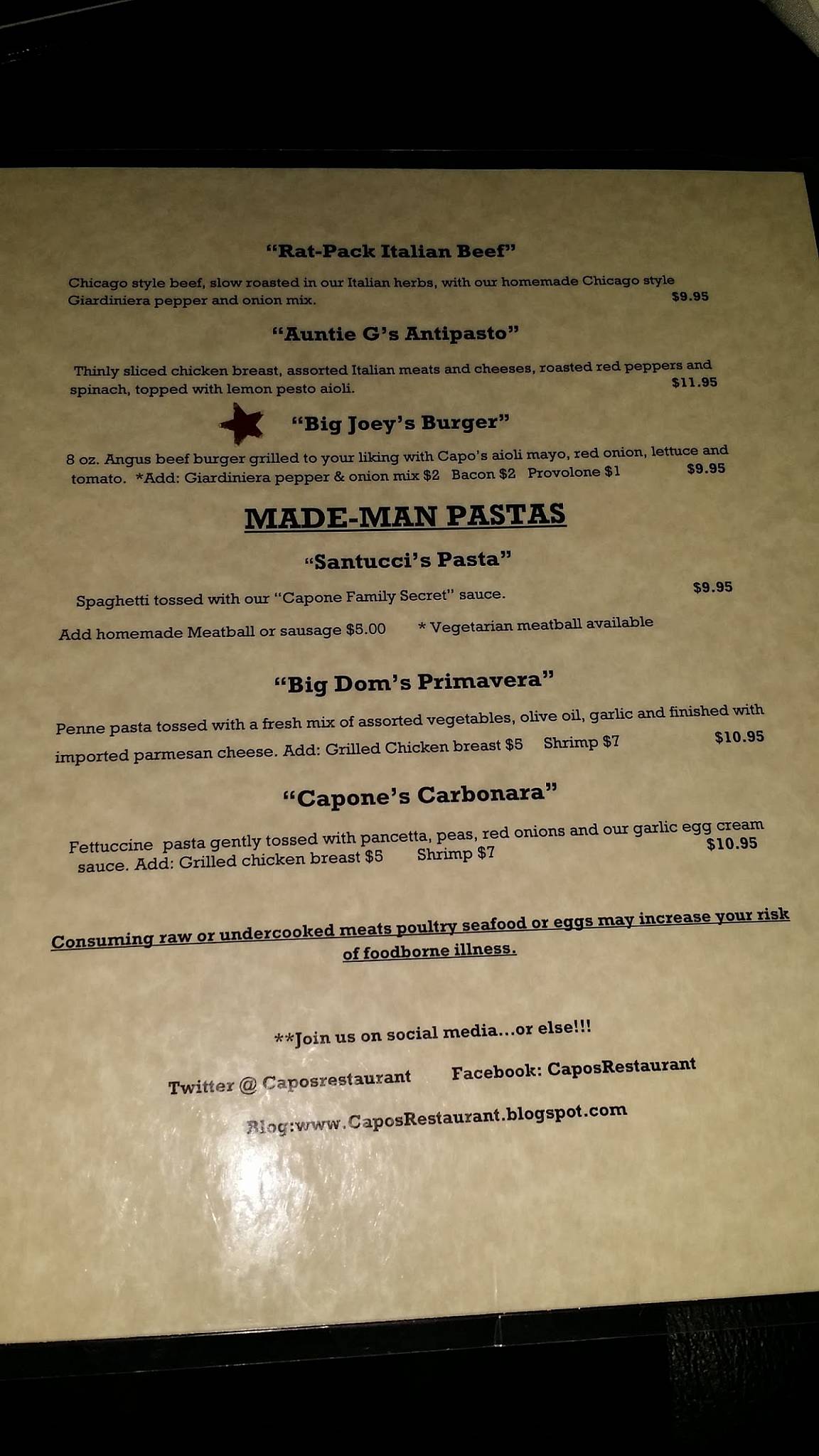 Menu at Capo's Restaurant and Speakeasy, Las Vegas