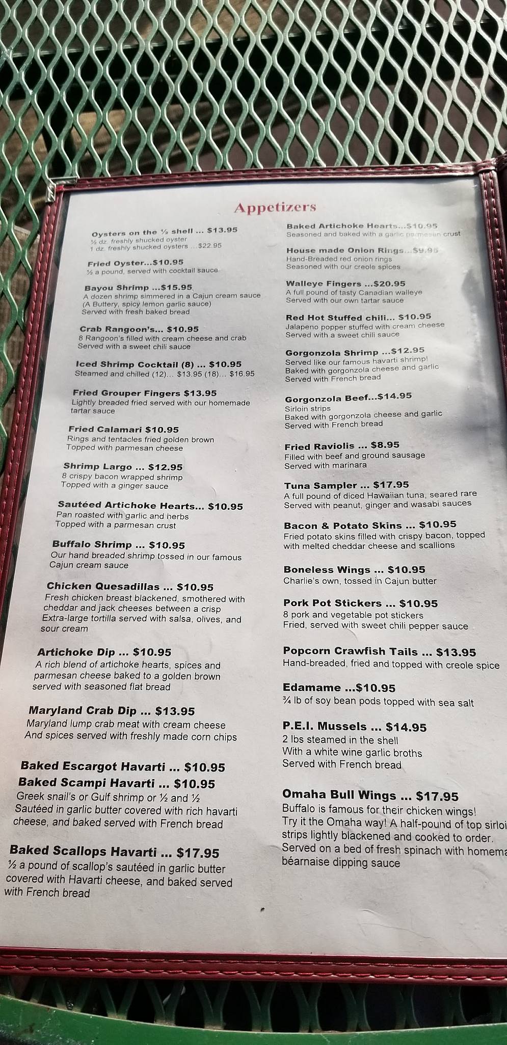 Menu at Charlie's on the Lake steakhouse, Omaha, S 144th St