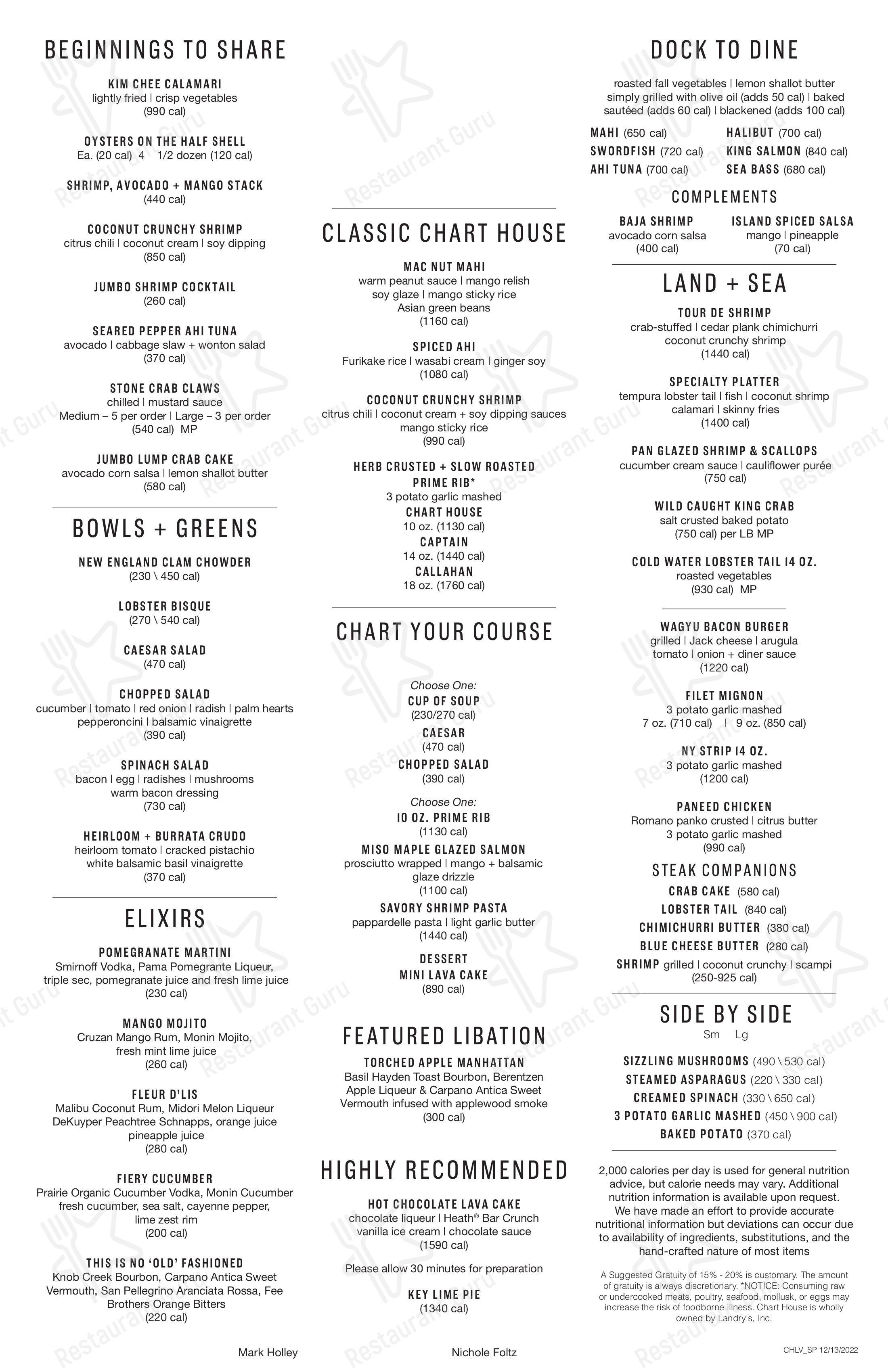 Menu at Chart House steakhouse, Las Vegas