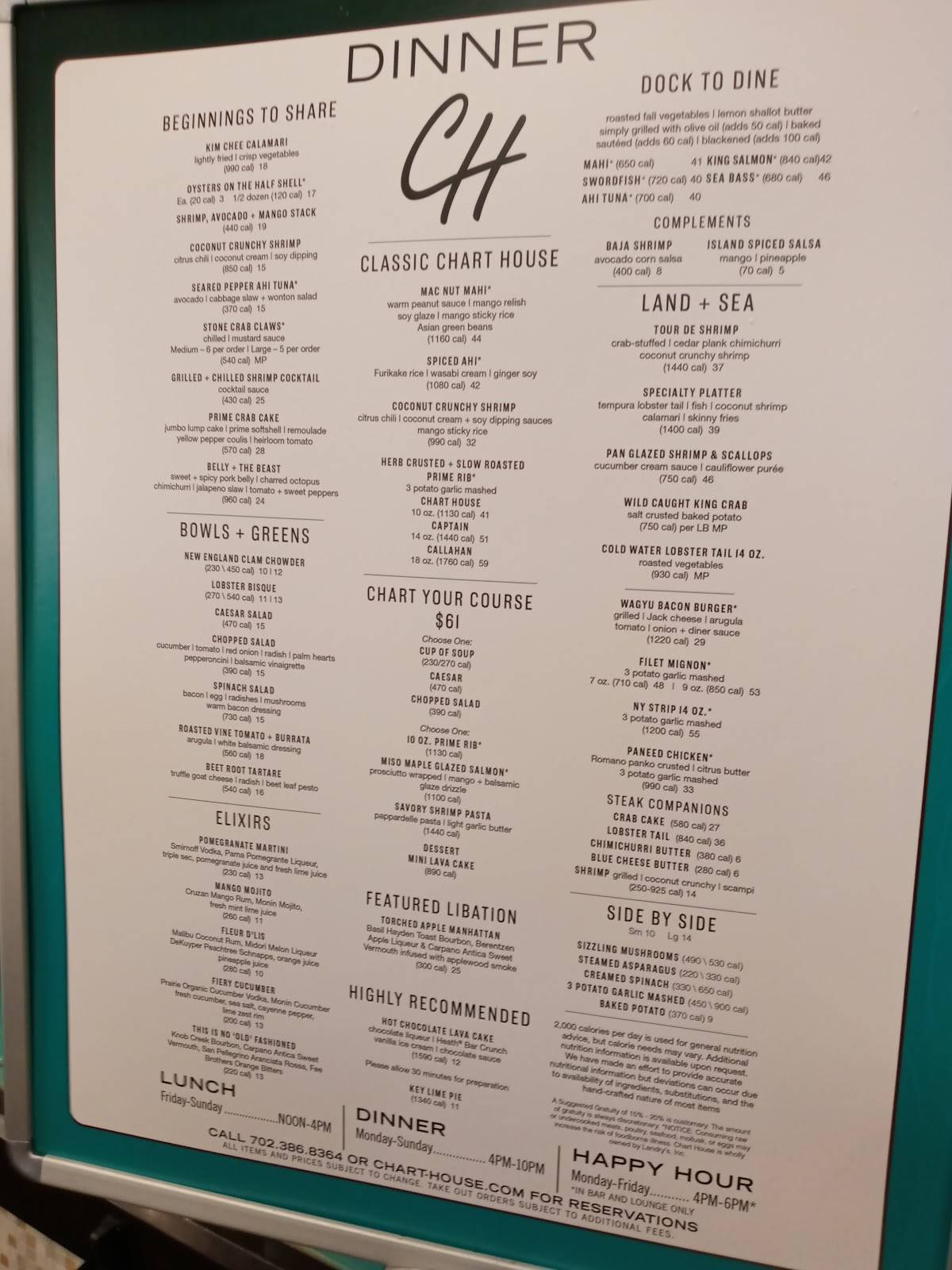 Menu at Chart House steakhouse, Las Vegas