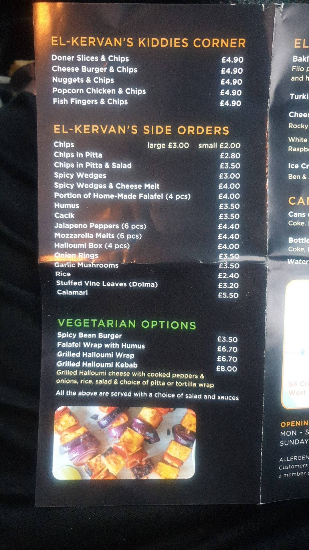 Menu at El Kervan Kebab steakhouse, West Wickham
