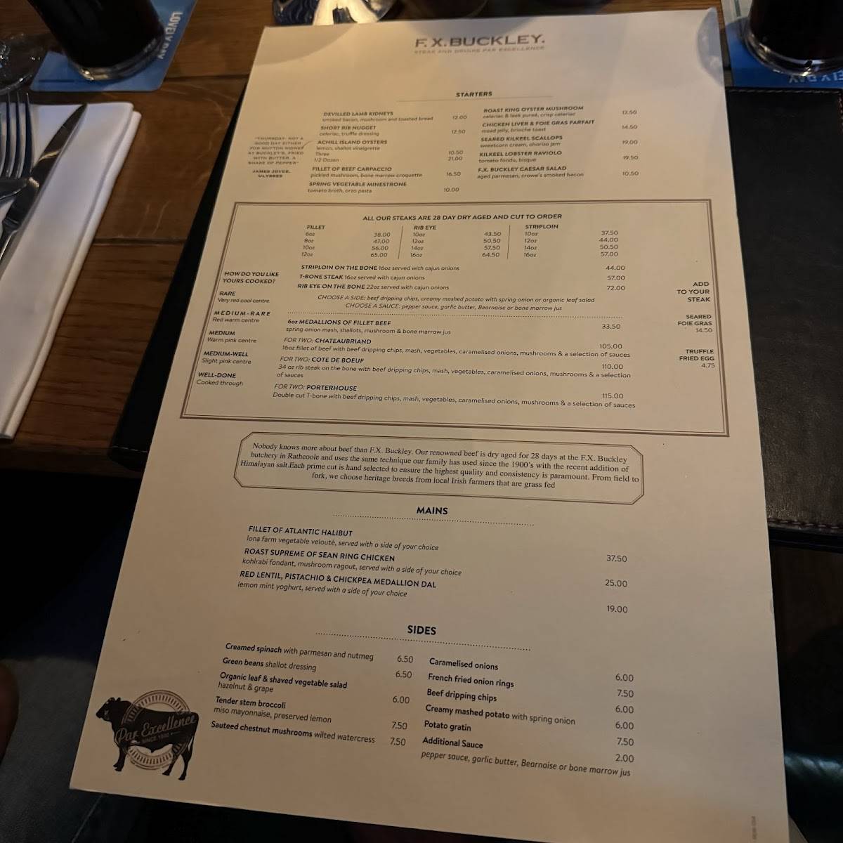 Menu at F.X. Buckley Steakhouse Pembroke Street, Dublin, 1A Pembroke ...