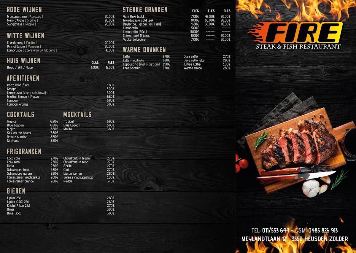 Menu at Steakhouse Fire, Heusden-Zolder