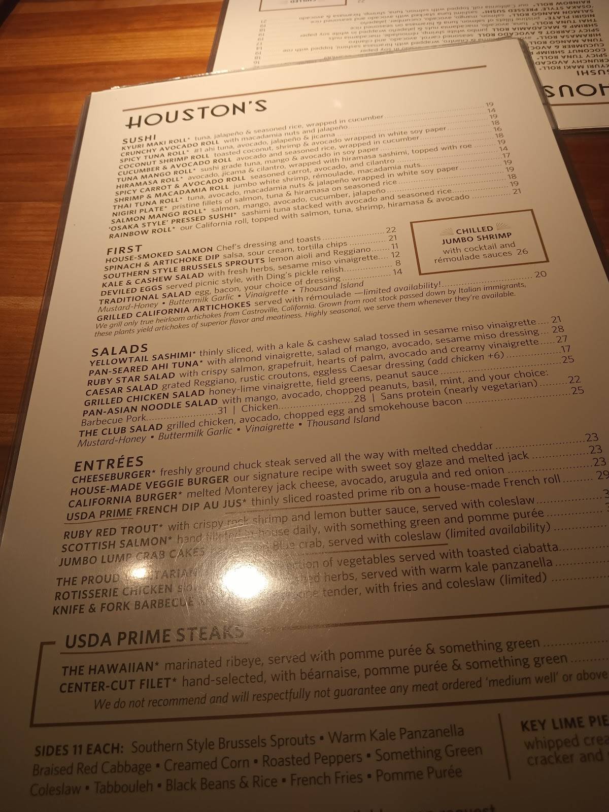 Menu at Houston's steakhouse, Atlanta, Peachtree Rd