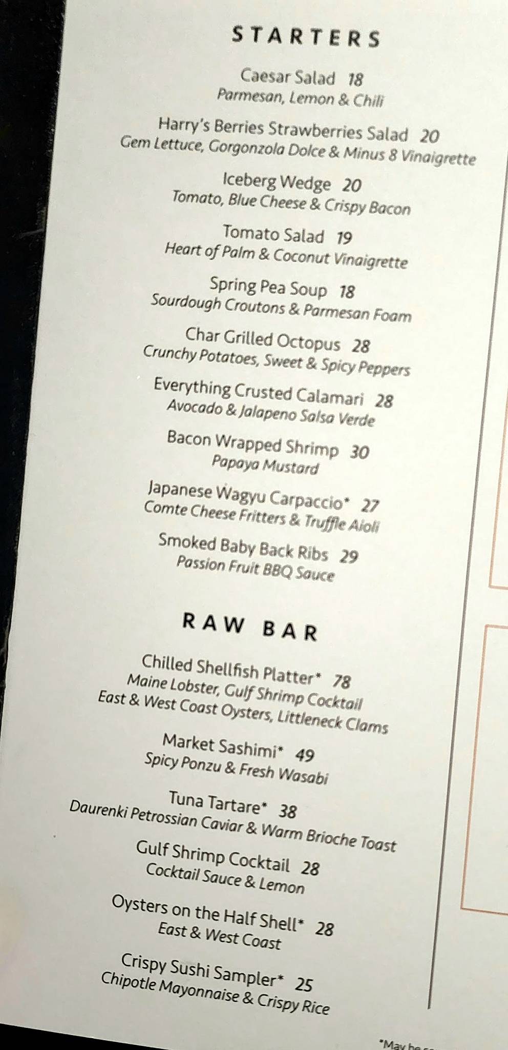 Menu at Jean Georges Steakhouse, Las Vegas