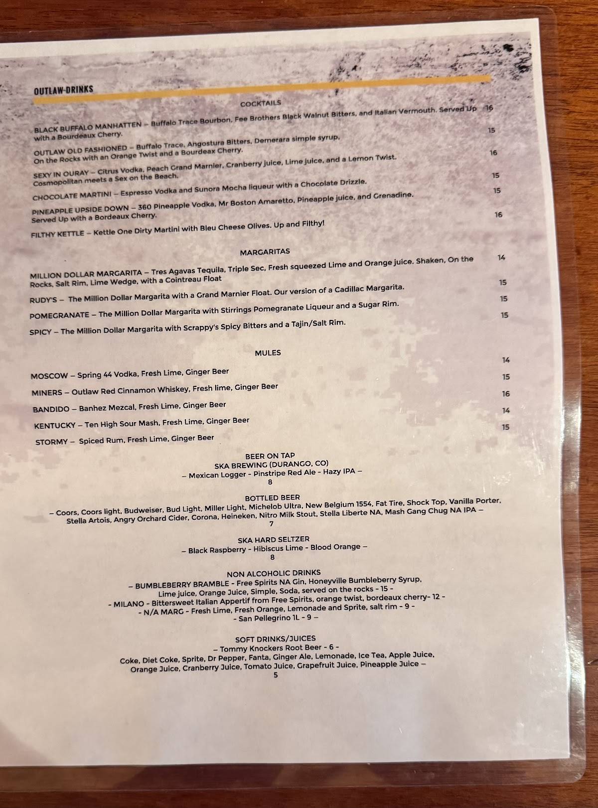 Menu at Outlaw Restaurant, Ouray