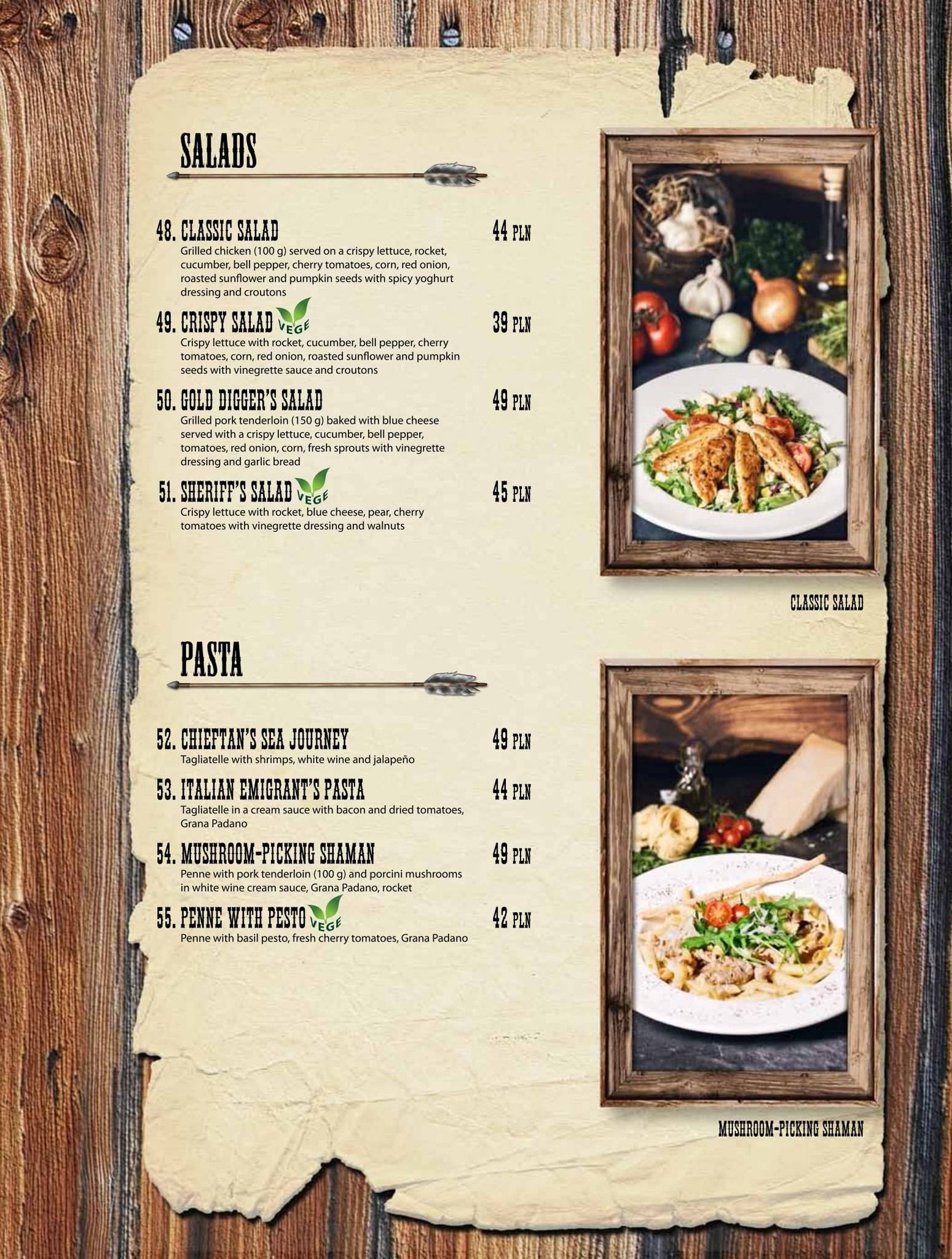 Menu at Sioux steakhouse, Kraków