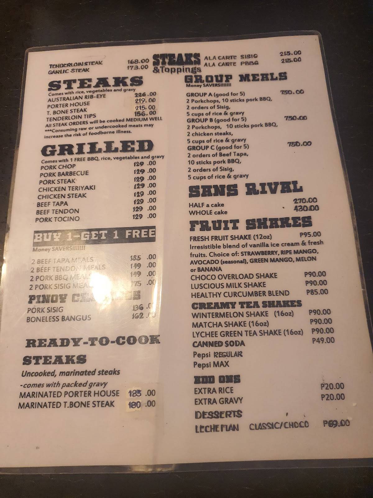 Menu at Sizzling Plate Session steakhouse, Baguio, 86 Session Rd