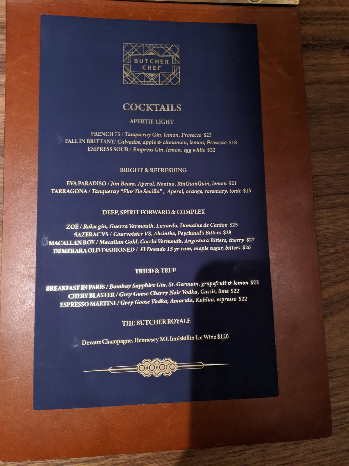 Menu at The Butcher Chef steakhouse, Toronto