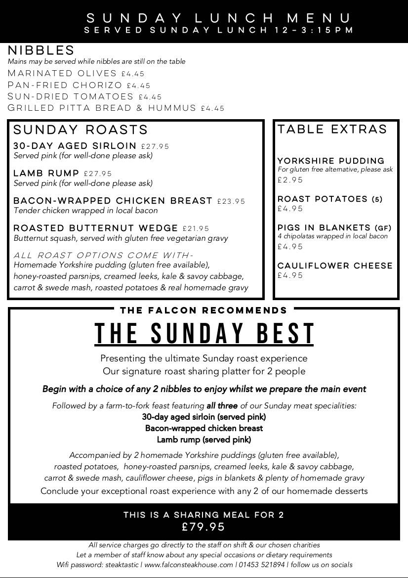 Menu at The Falcon Steakhouse, Wotton-under-Edge