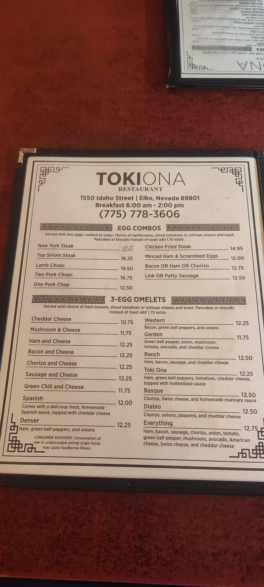 Menu at Toki Ona steakhouse, Elko