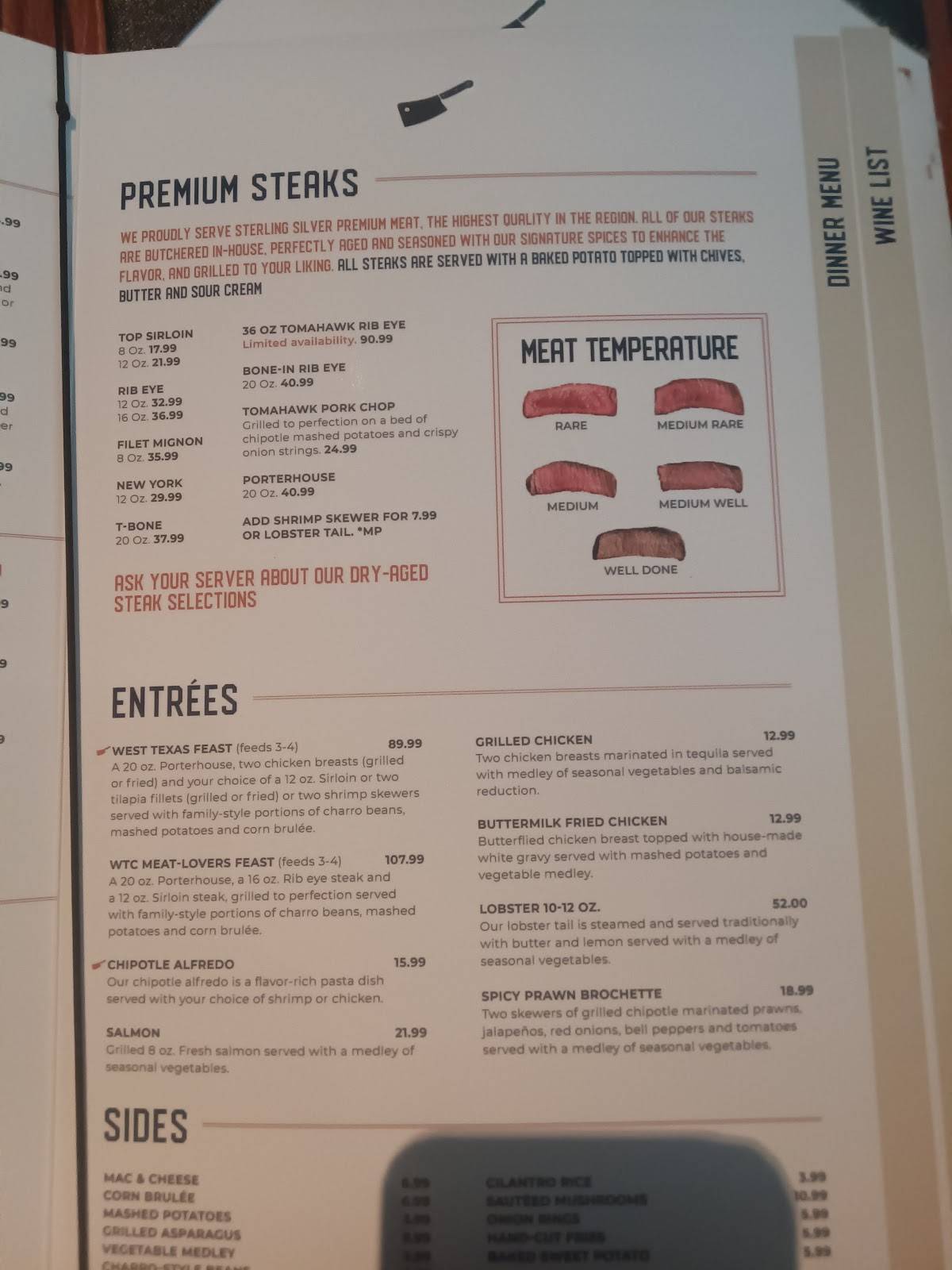 Menu at West Texas Chophouse Cimarron steakhouse, El Paso