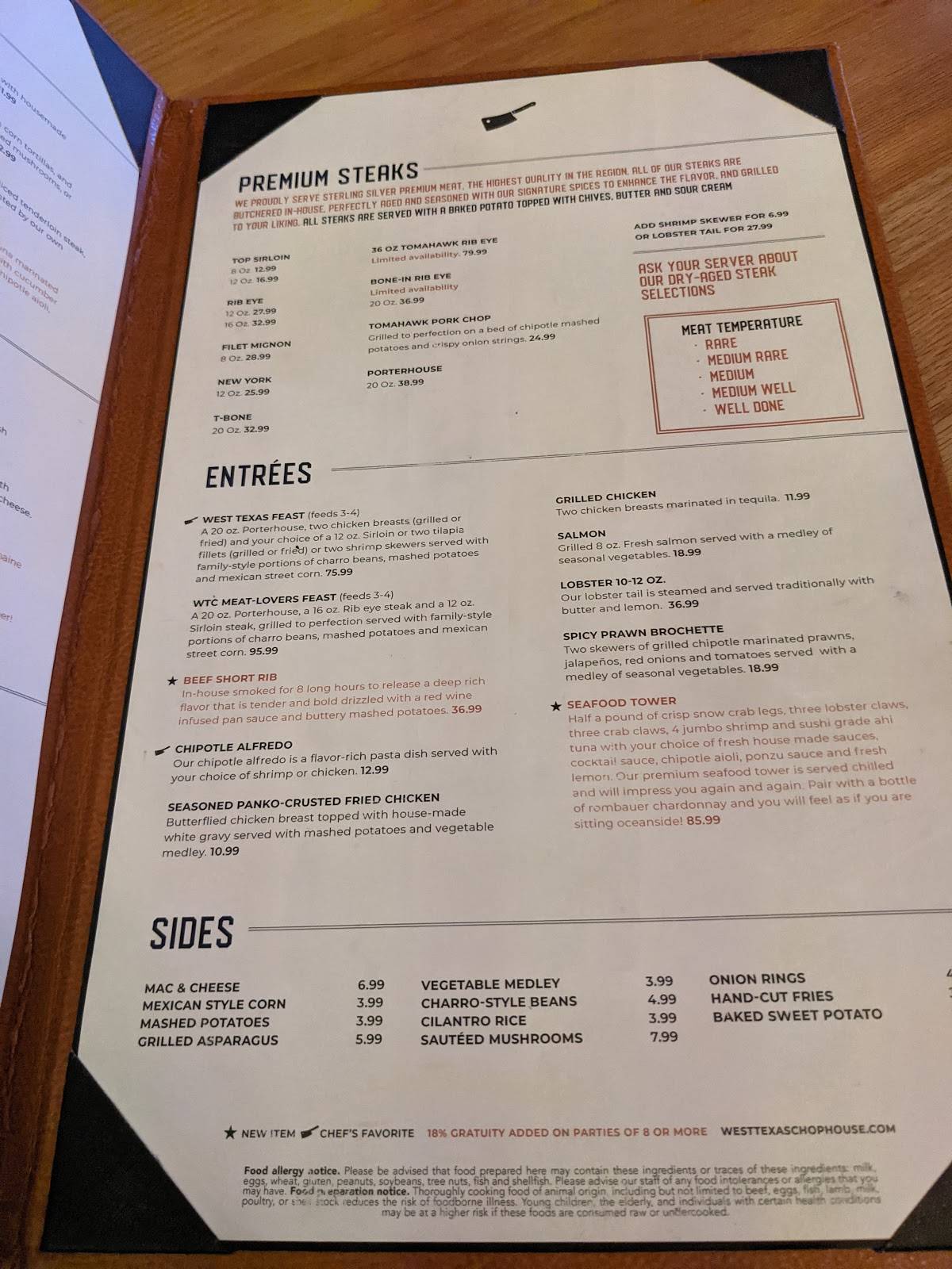 Menu at West Texas Chophouse steakhouse, El Paso