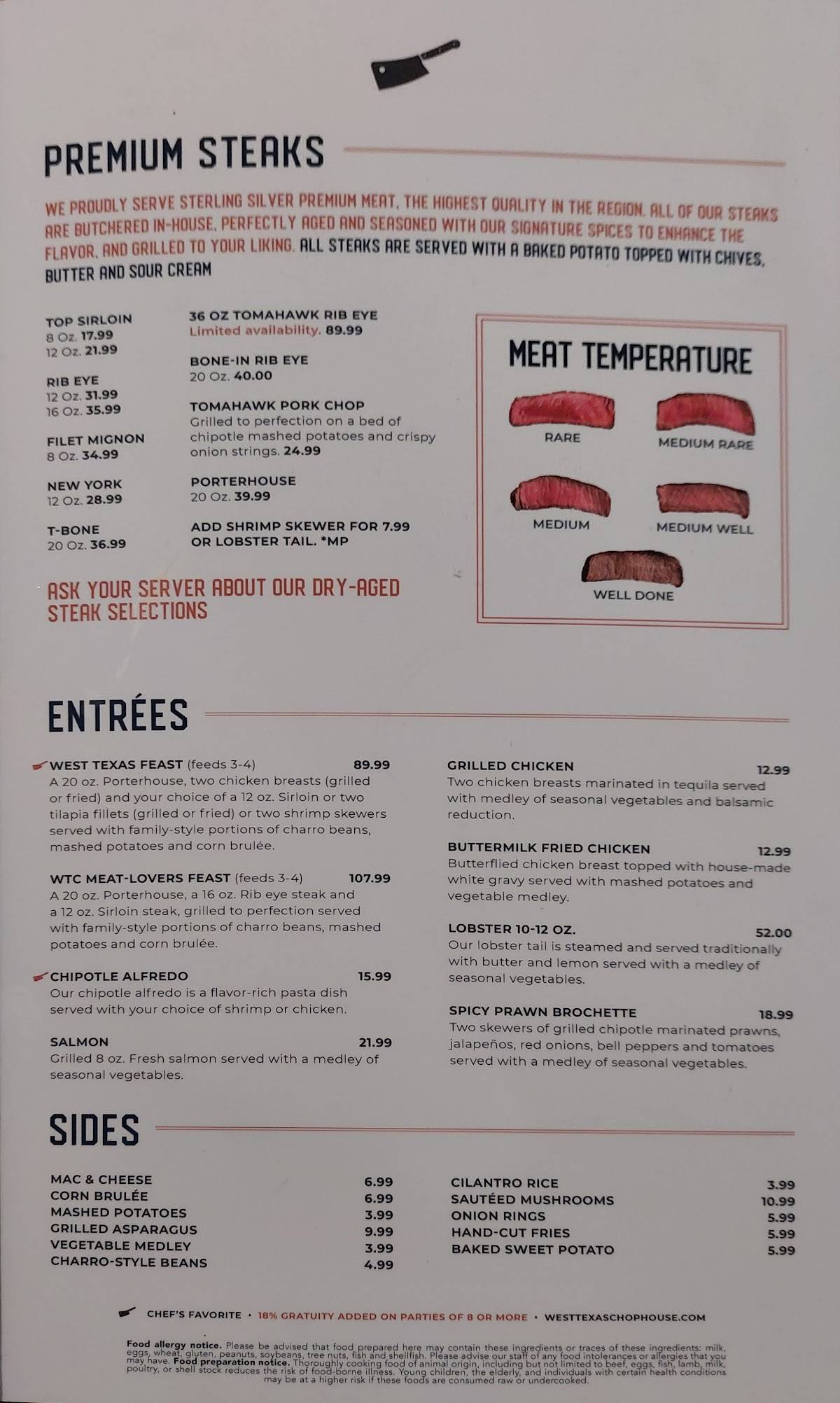 Menu at West Texas Chophouse steakhouse, El Paso