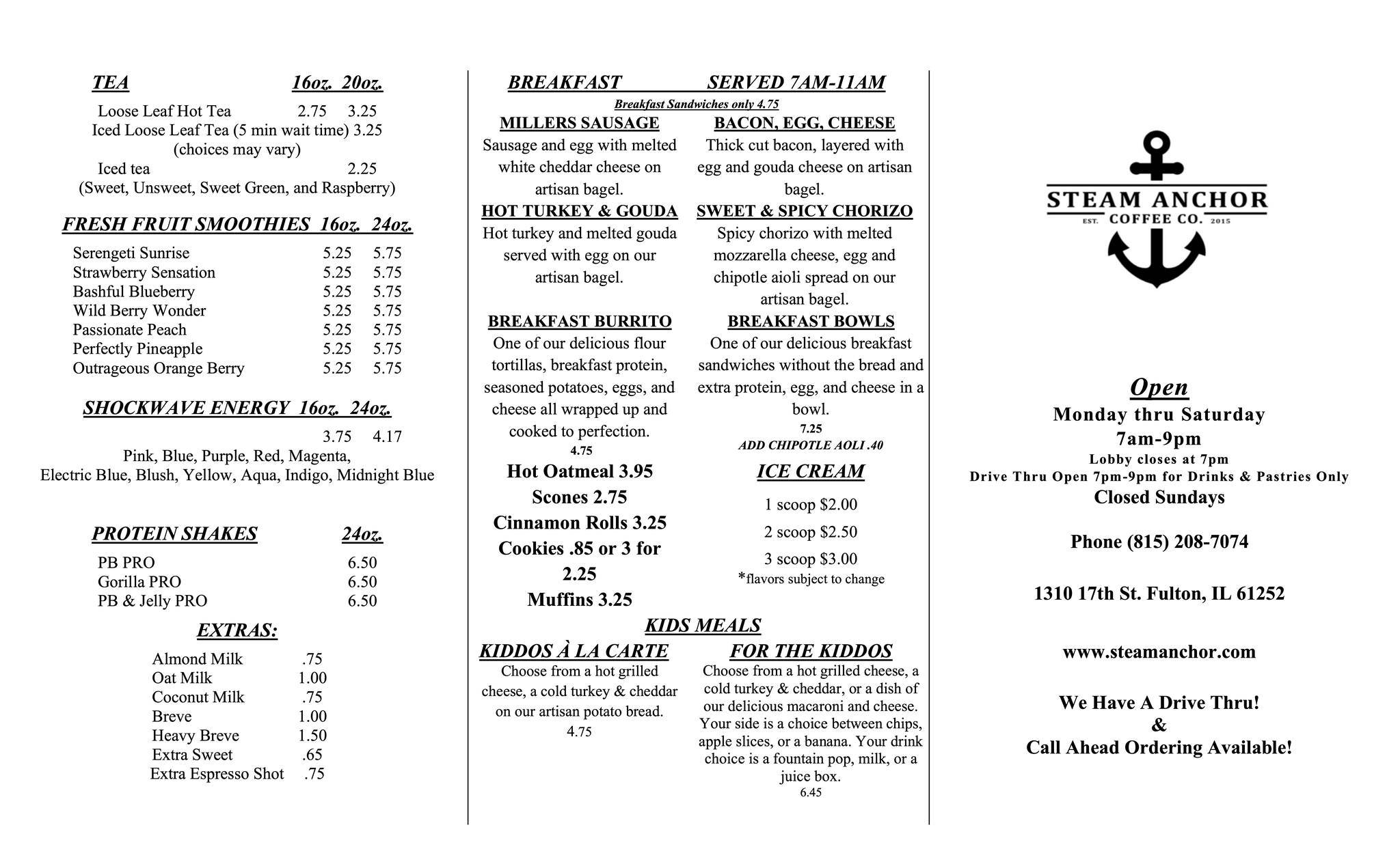 Menu at Steam Anchor Coffee & Cafe, Fulton