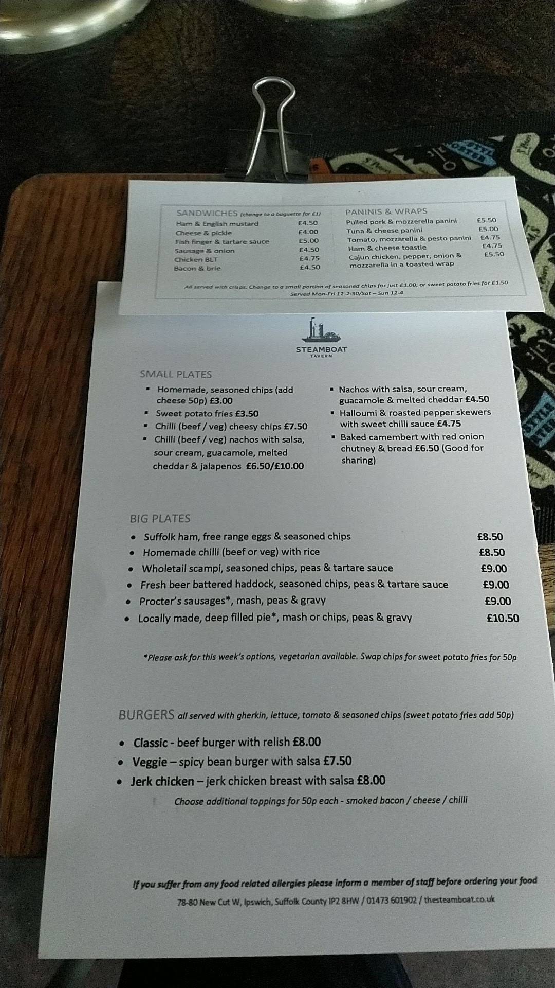 Menu at Steamboat Tavern pub & bar, Ipswich