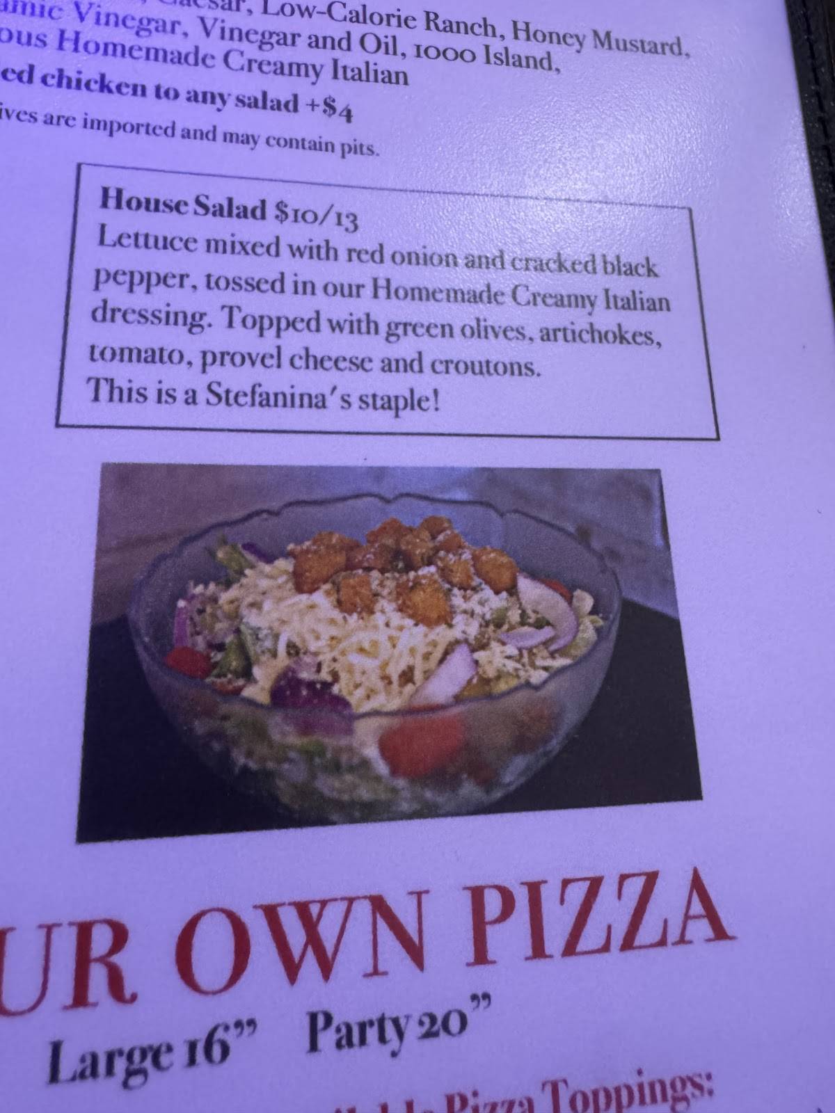 Menu at Stefanina's Pizzeria, Wentzville