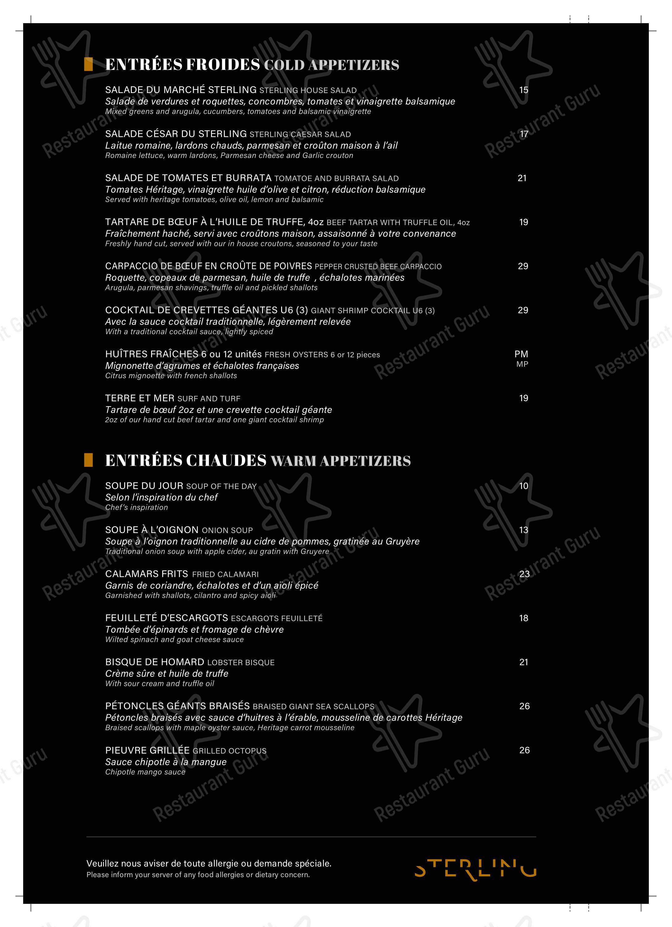 Menu au Sterling pub et bar, Gatineau