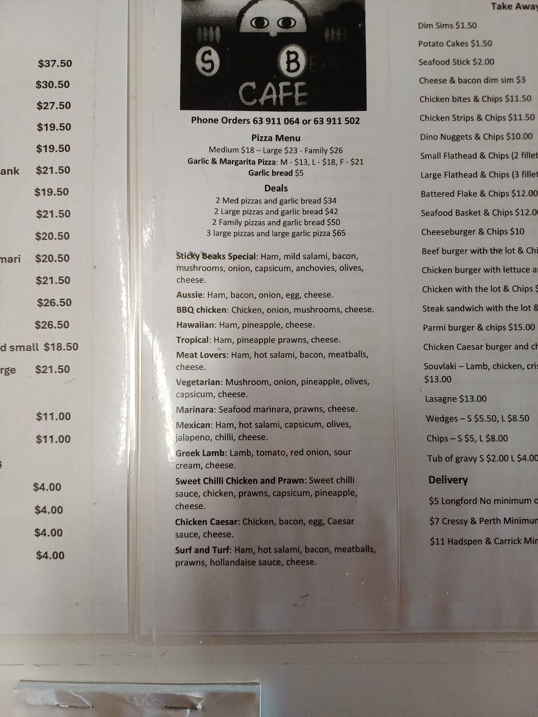 Menu at Sticky Beaks Pizza restaurant, Longford