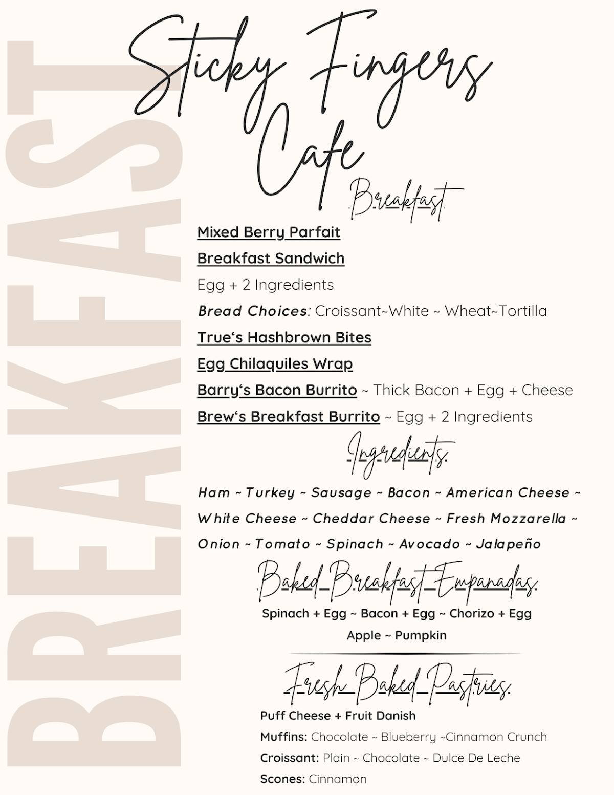 Menu at Sticky Fingers Cafe, Lago Vista
