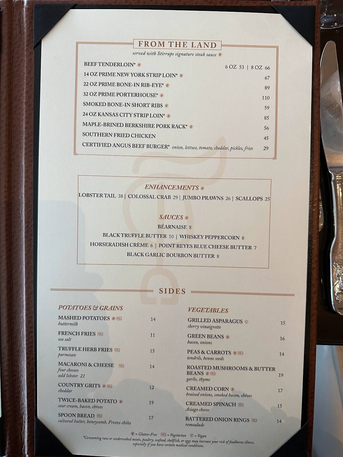 Menu at Stirrups Restaurant, Ocala