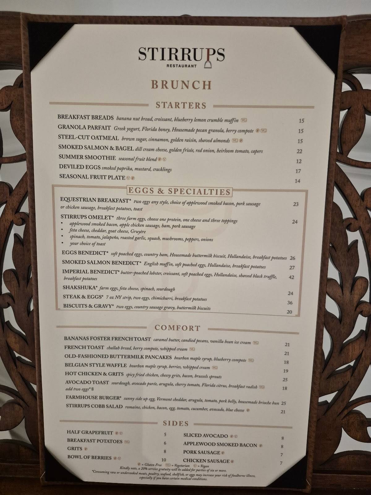 Menu at Stirrups Restaurant, Ocala