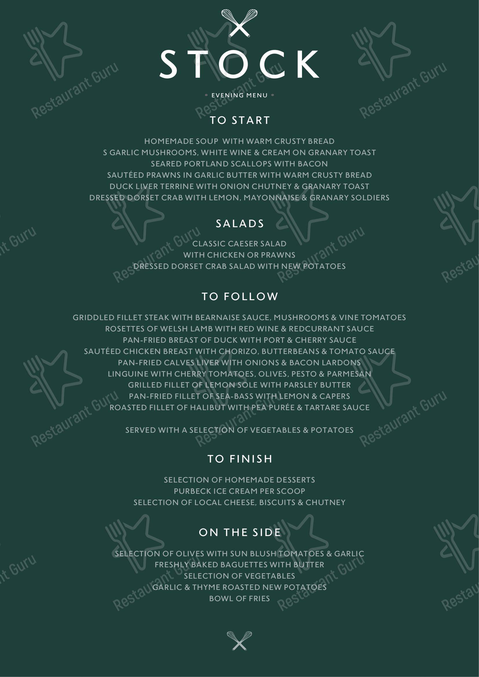 Menu at Stock restaurant, Poole