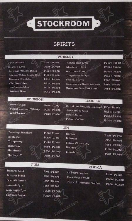 Menu at StockroomQC pub & bar, Quezon City