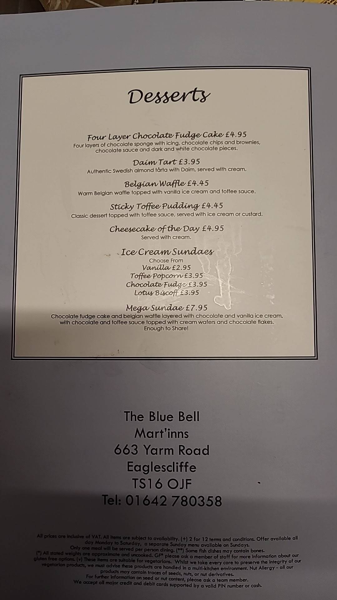 Menu at The Blue Bell pub & bar, Stockton-on-Tees, 663 Yarm Rd