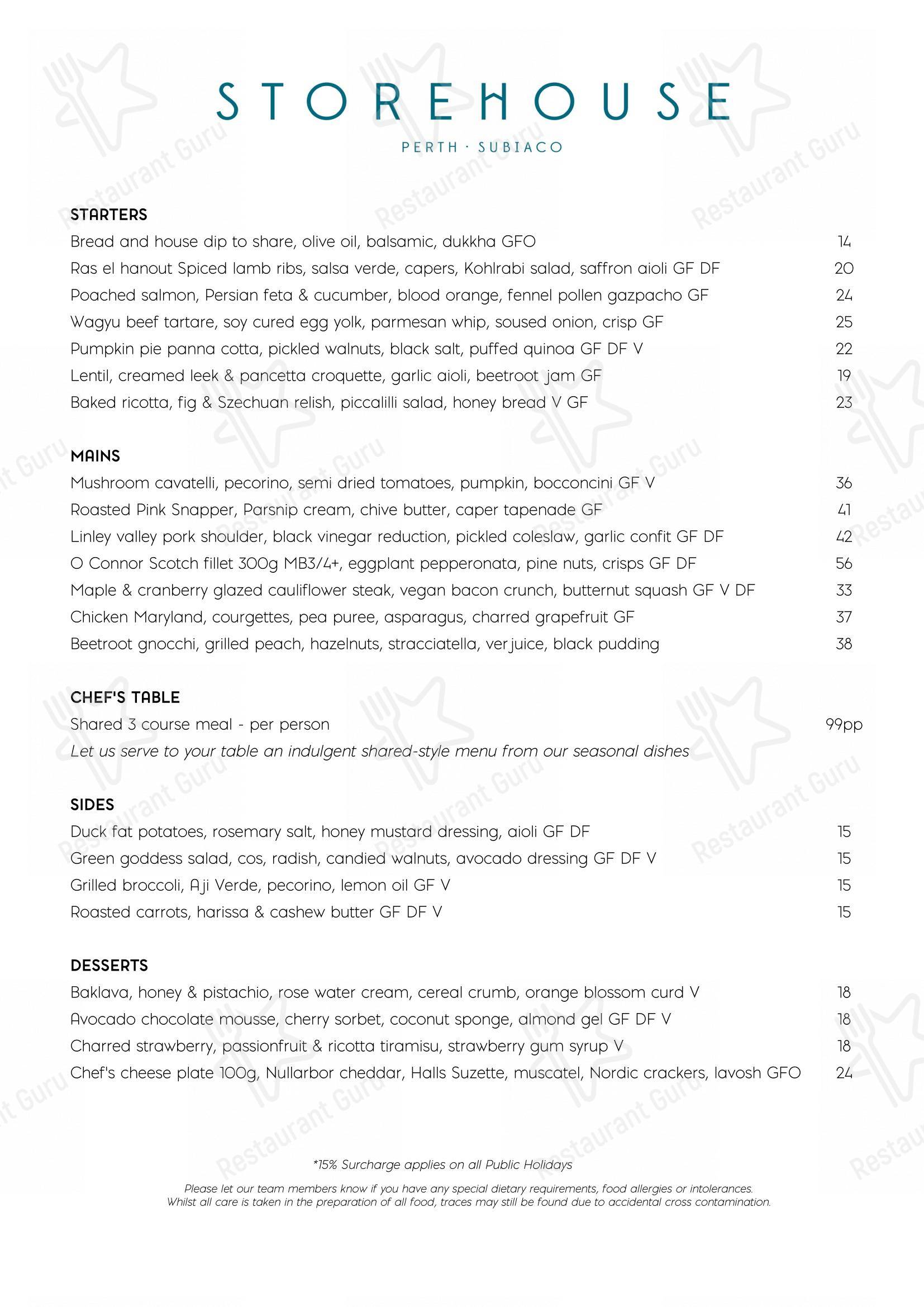 Menu at Storehouse Subiaco restaurant, Subiaco