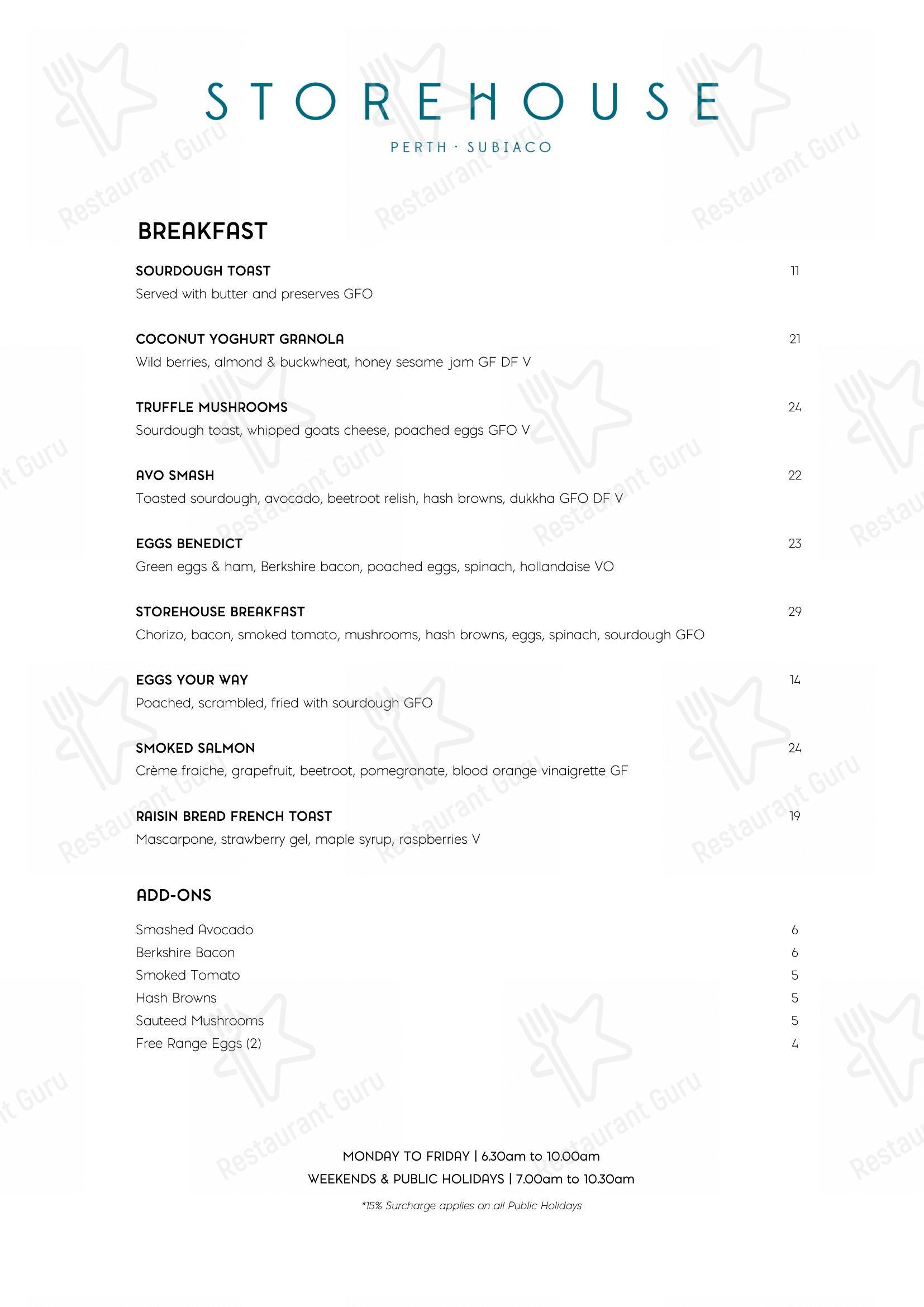 Menu at Storehouse Subiaco restaurant, Subiaco