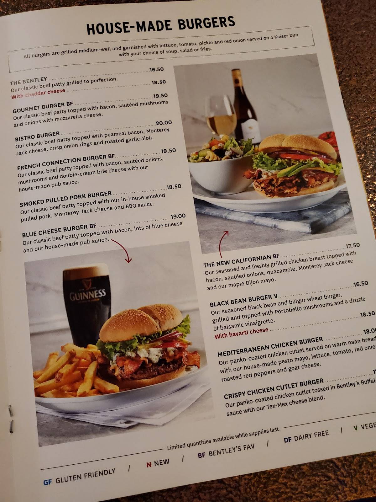 Menu at Bentley's Bar Inn & Restaurant, Stratford