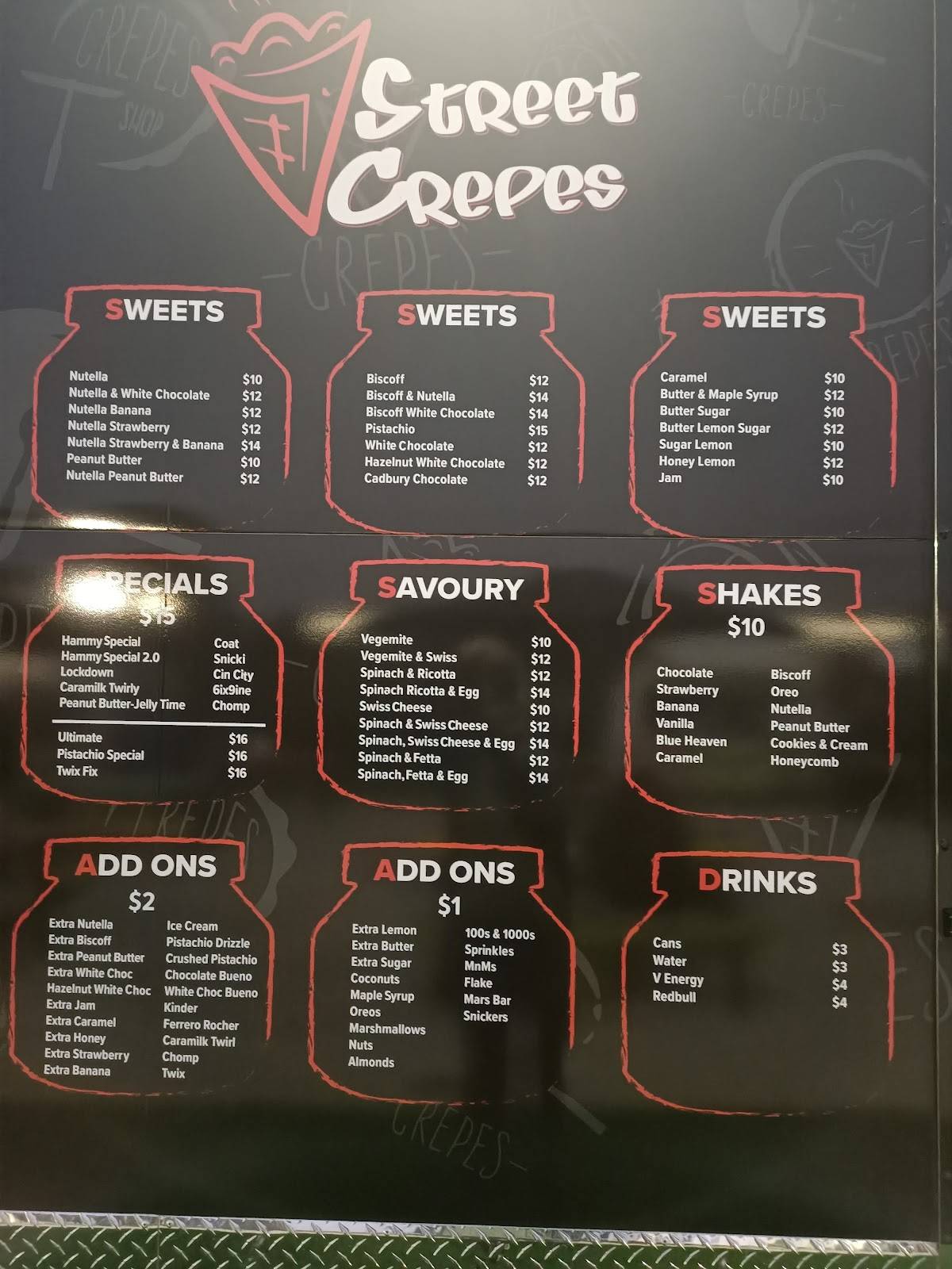 Carta del postres Street Crepes, Sunbury