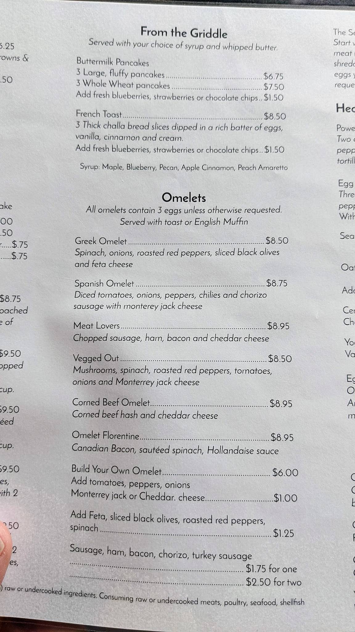 Menu at Strickland's restaurant, Seneca