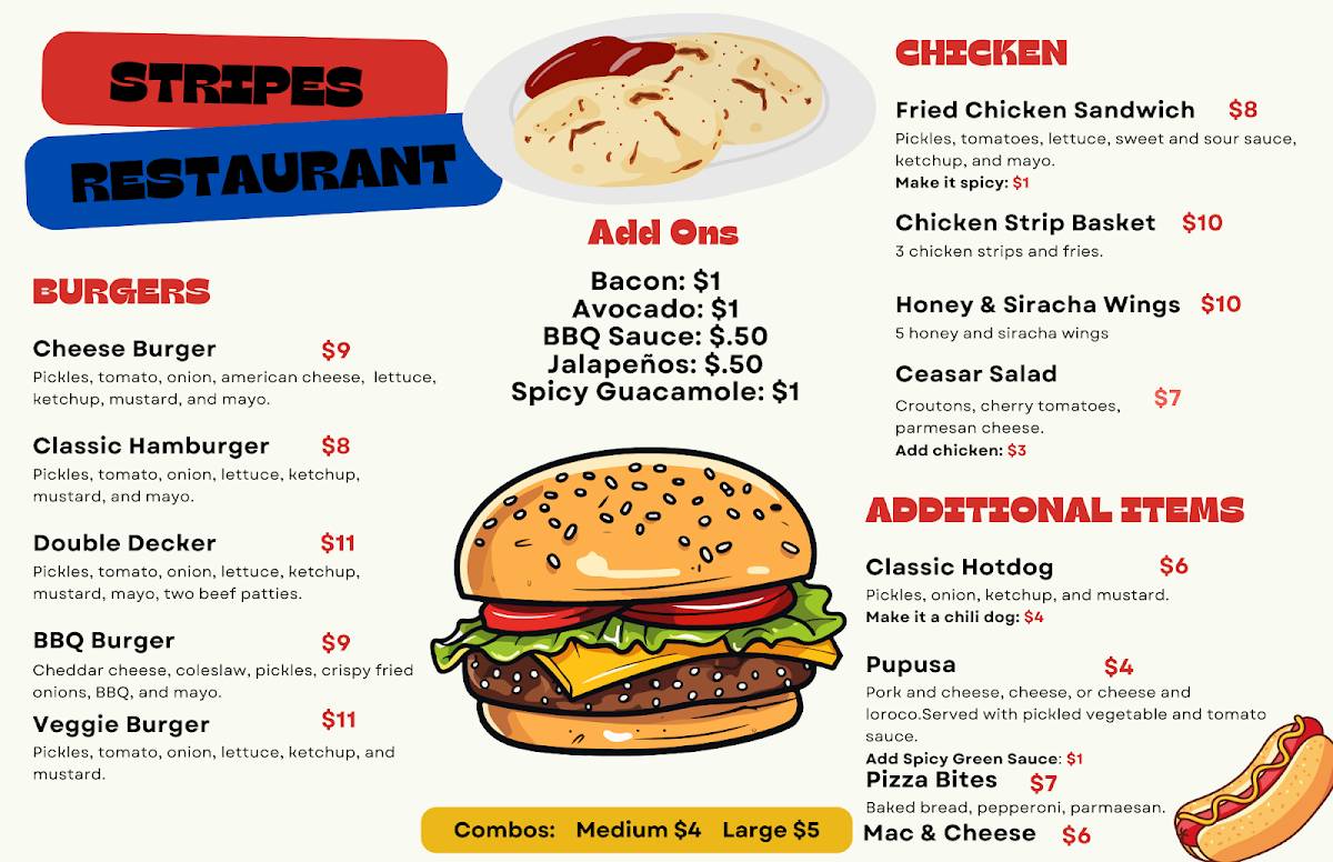 Menu at Stripes Restaurant, Tigard