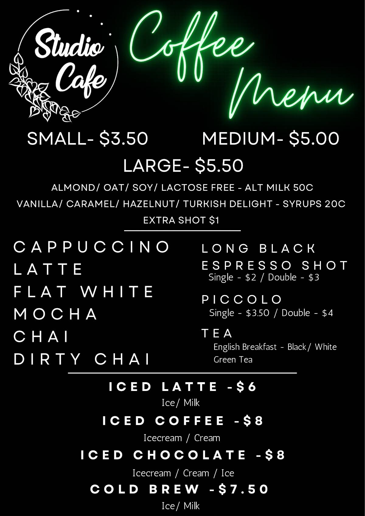 Menu at Studio Cafe Innisfail, Innisfail