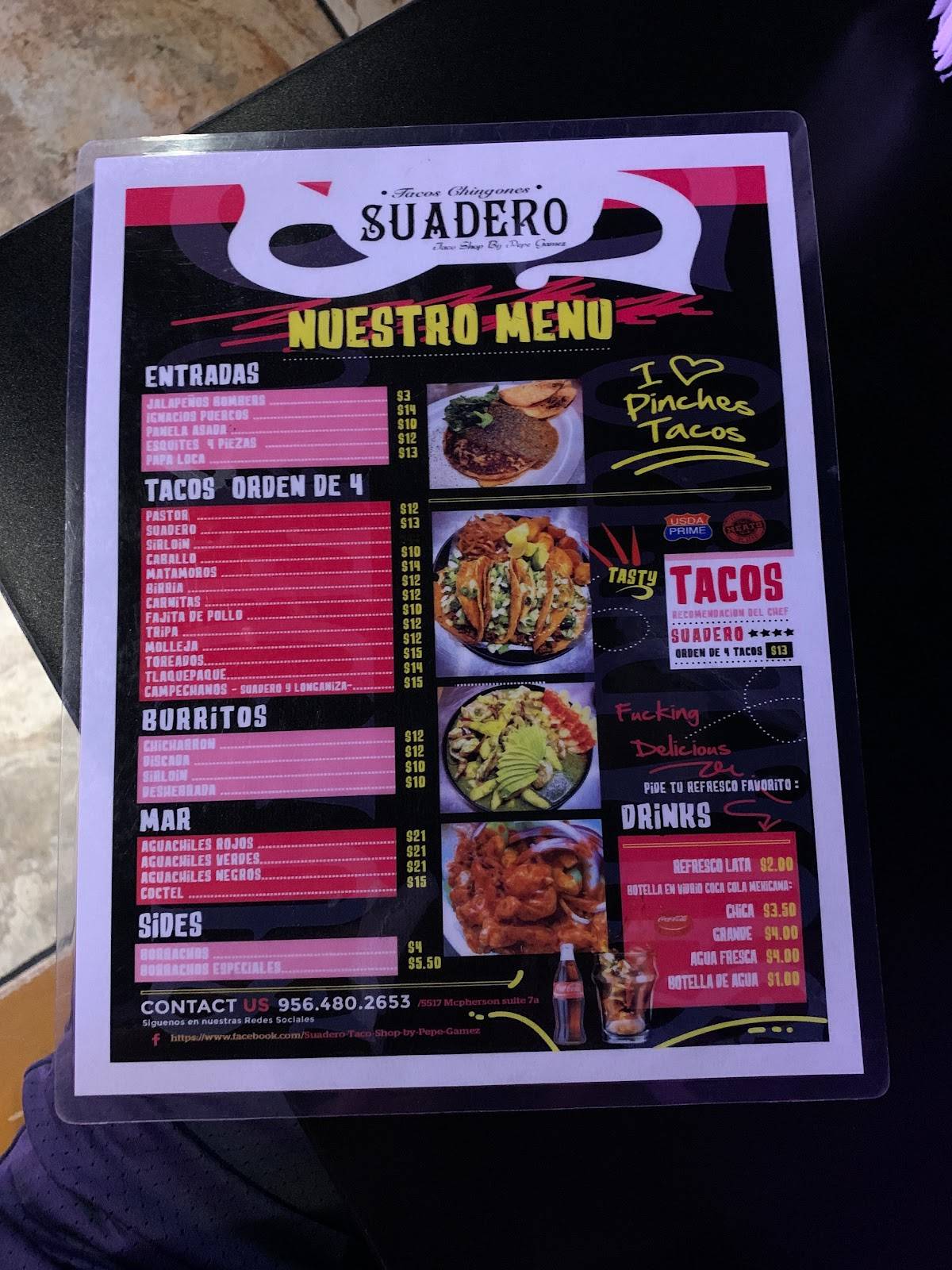 Menu at Los Tacos del Pepe restaurant, Laredo