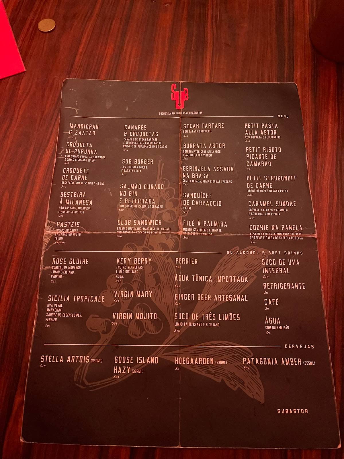 Menu em SubAstor Bar do Cofre, São Paulo, R. João Brícola