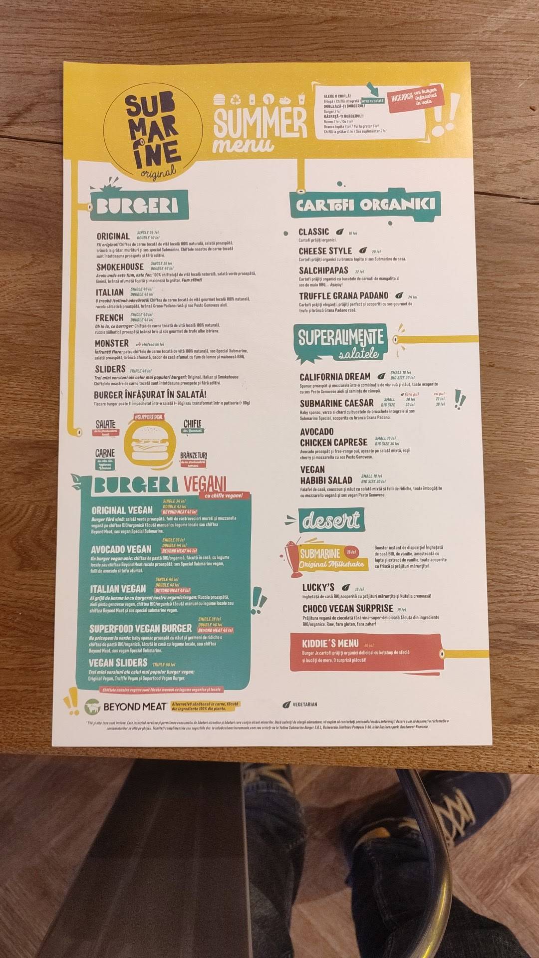 Speisekarte von Submarine Burger, Bukarest
