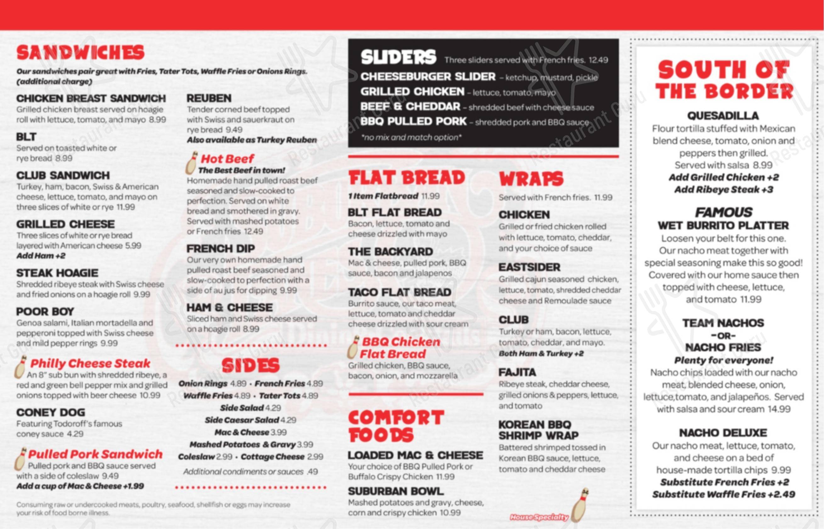 Menu at Suburban Lanes pub & bar, Jackson, Ann Arbor Rd