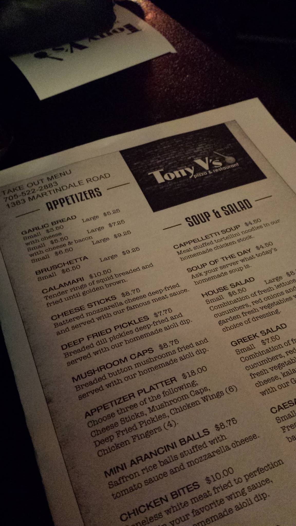 Menu at Tony V's Pizza & Restaurant, Sudbury