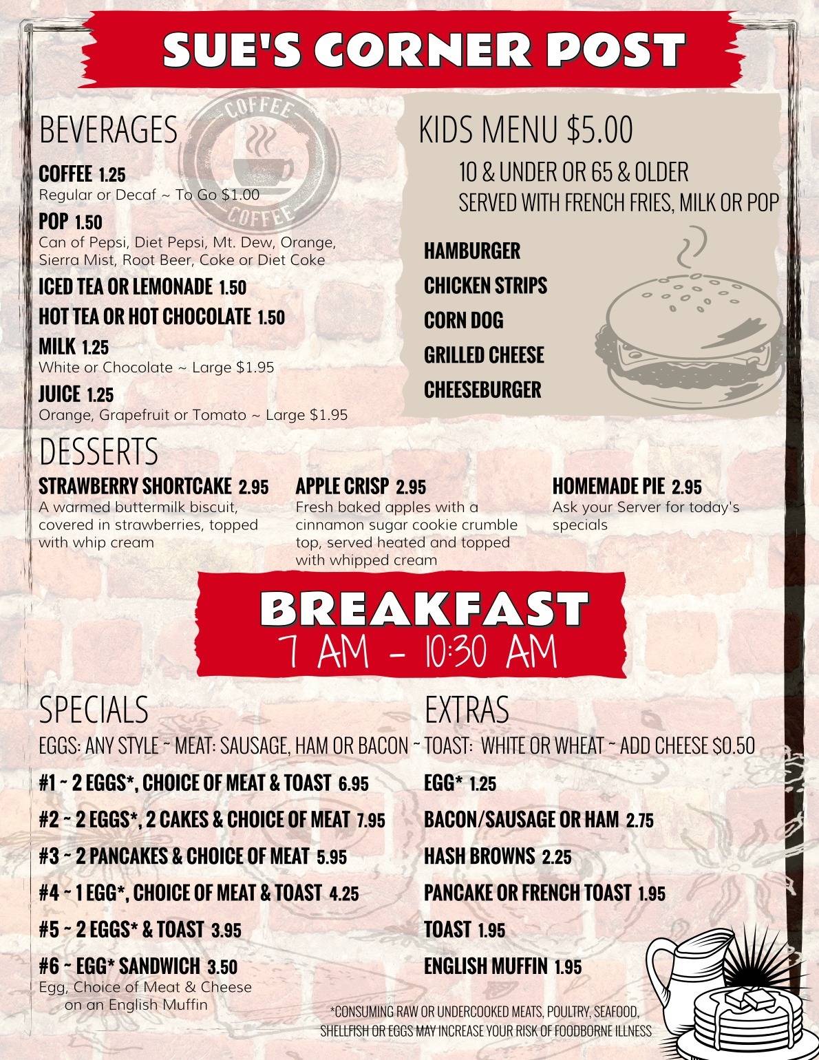Menu at Sue's Corner Post Cafe, Northwood