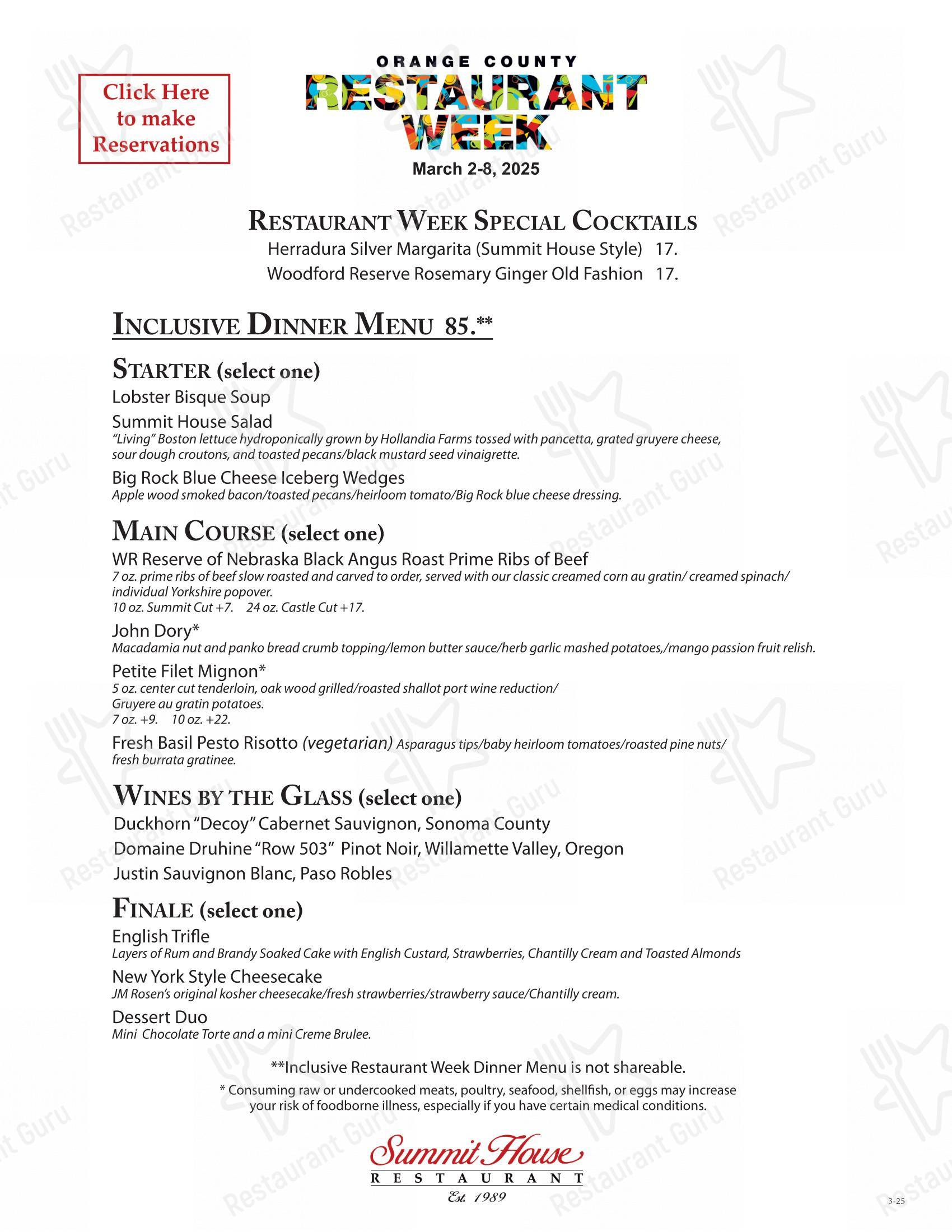 Menu at Summit House Restaurant, Fullerton