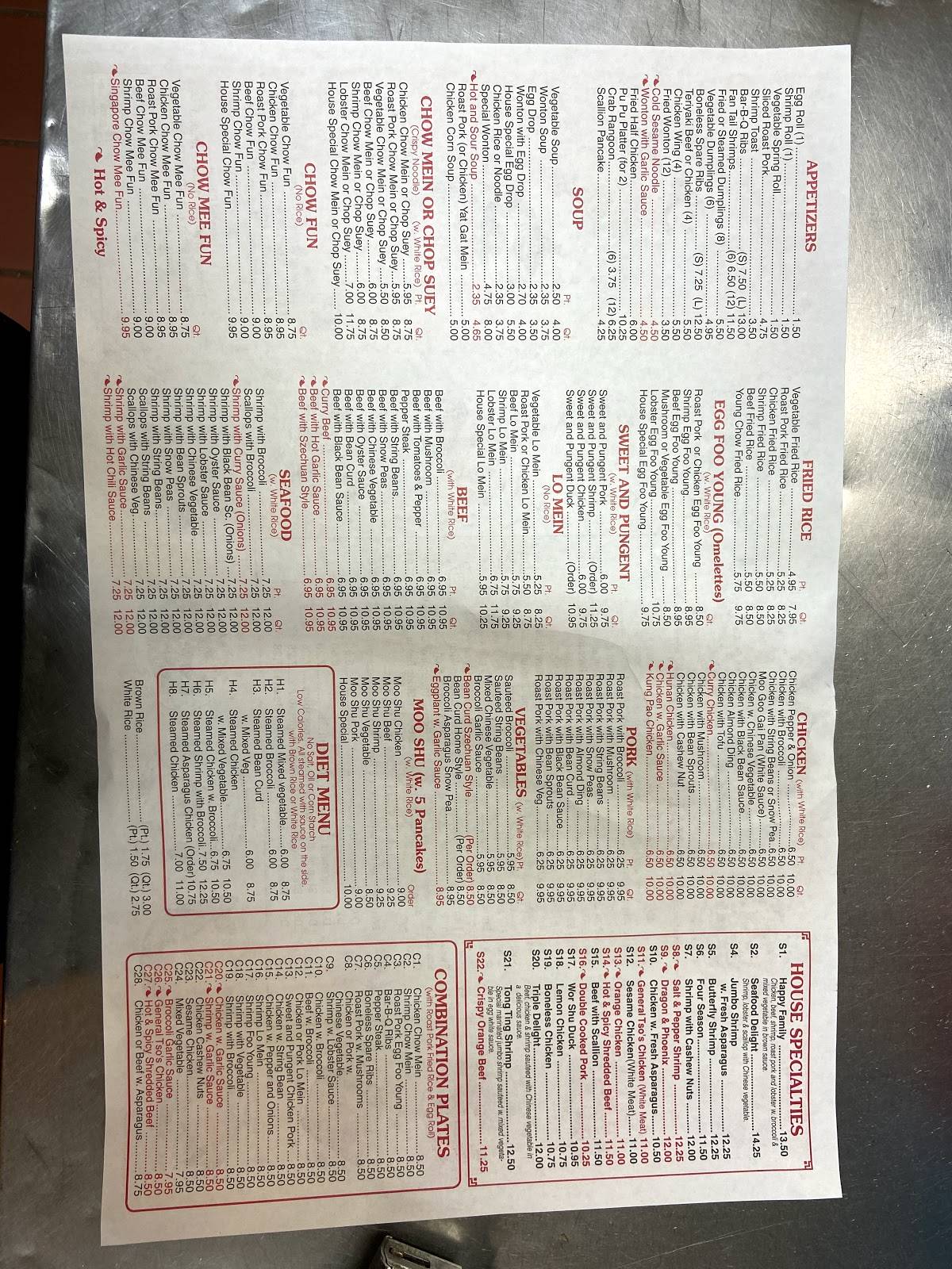 Menu at Sun Ho Chinese Kitchen restaurant, Glen Head